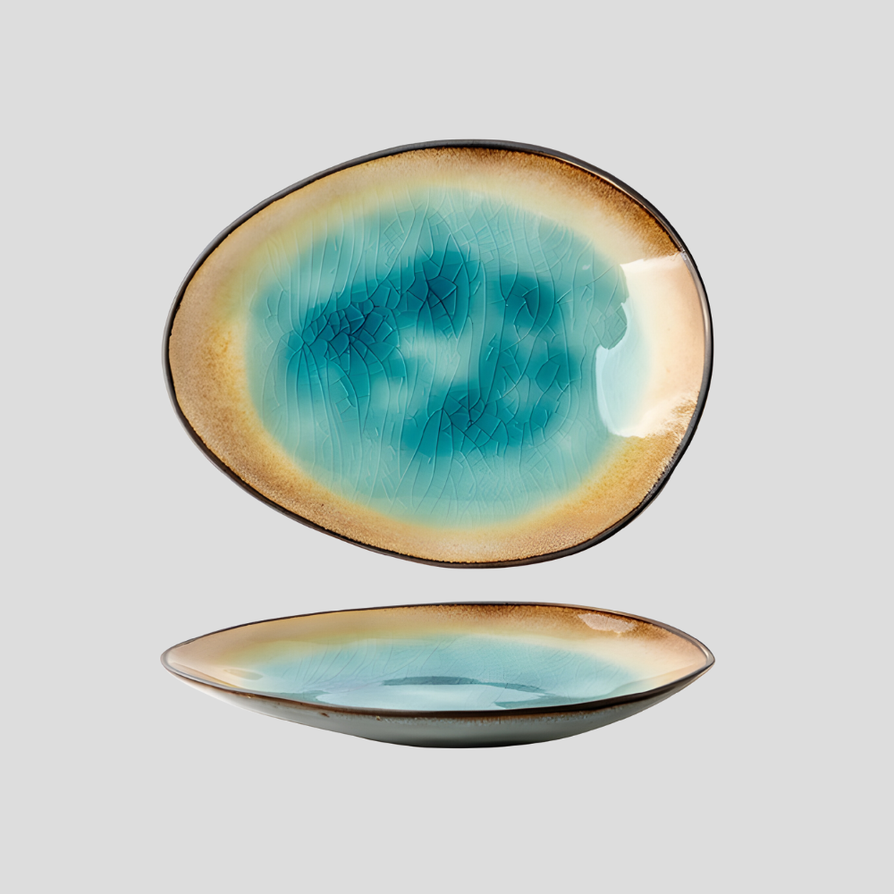 Handmade oval ceramic plate with blue cracked glazing – Crafty-Clayworks