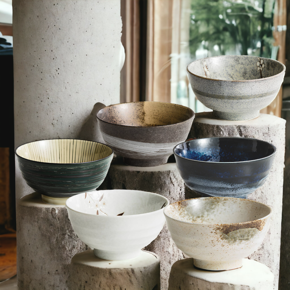 Handmade Japanese bowl with green and beige design – Crafty-Clayworks