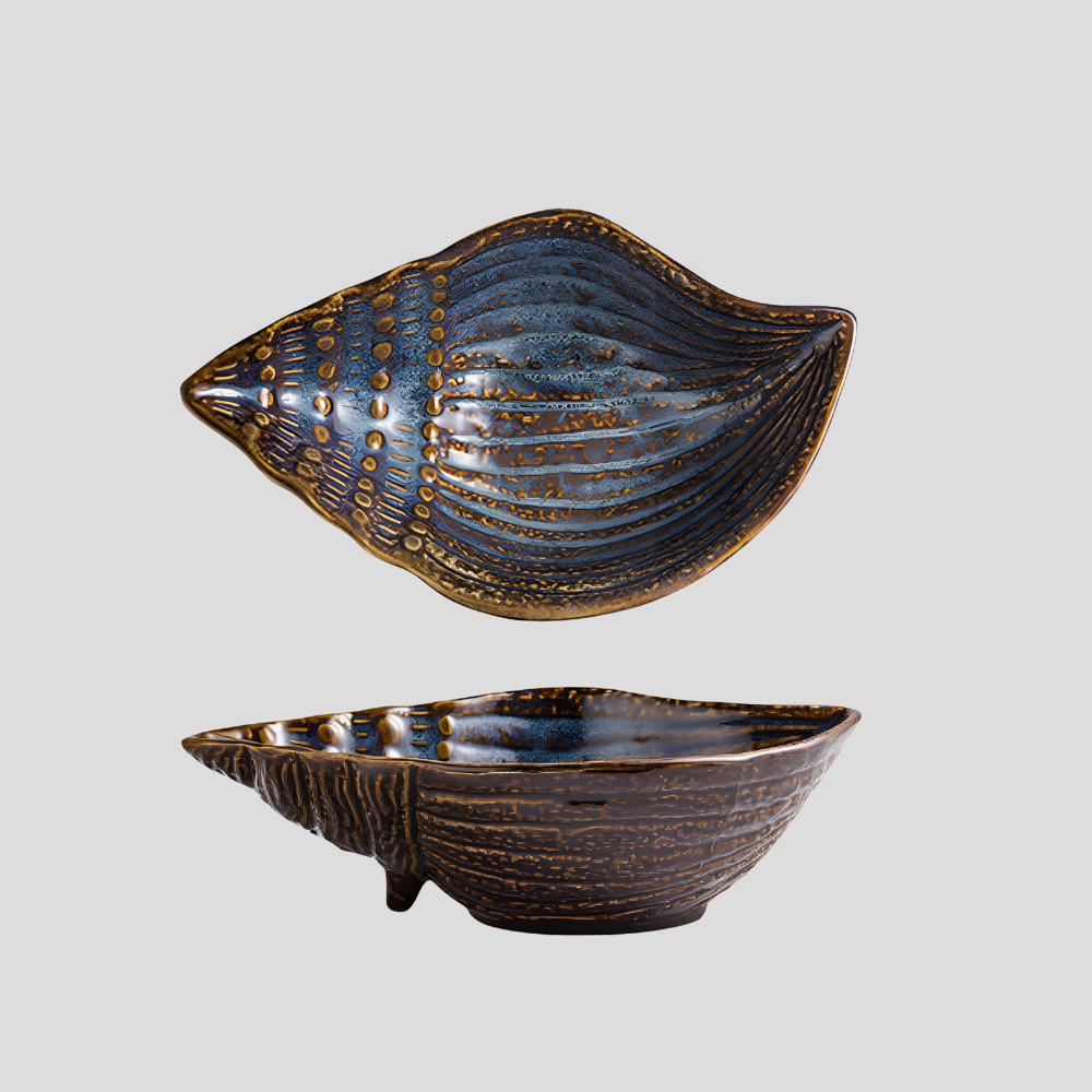 Handmade conch bowl with blue artistic design – Crafty-Clayworks