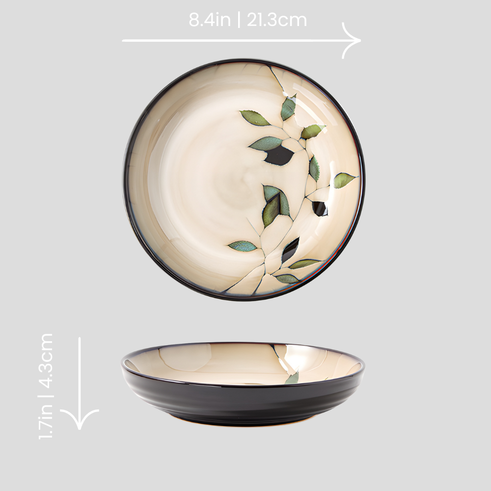 Hand-painted artistic deep plate with green leaf design – Crafty-Clayworks