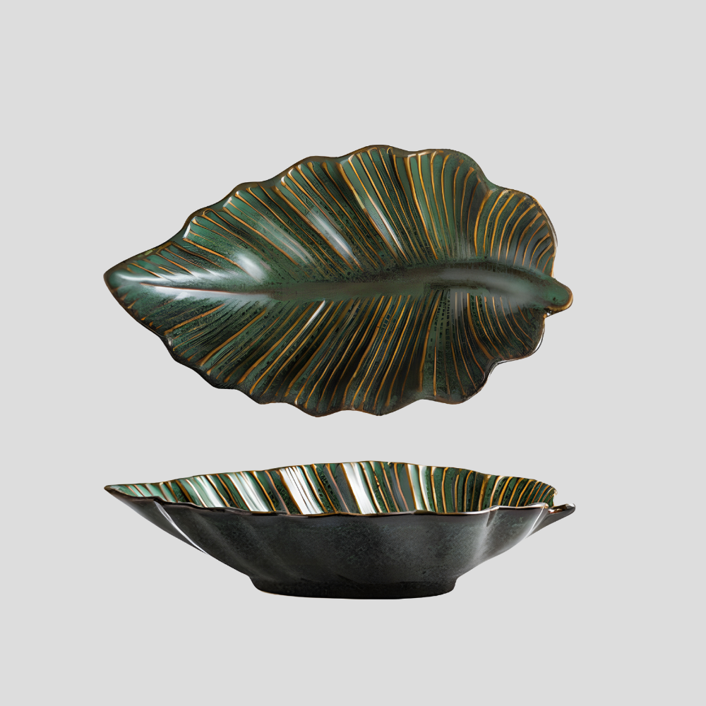 Handmade leaf bowl with green artistic design – Crafty-Clayworks