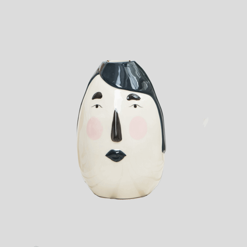 Modern artistic face motif vase - black hair – Crafty-Clayworks