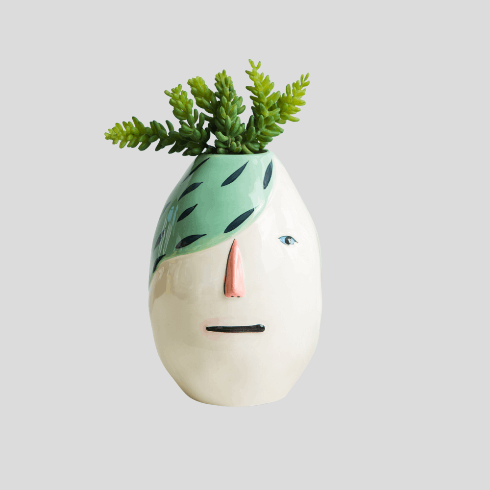 Modern artistic face motif vase - green hair – Crafty-Clayworks