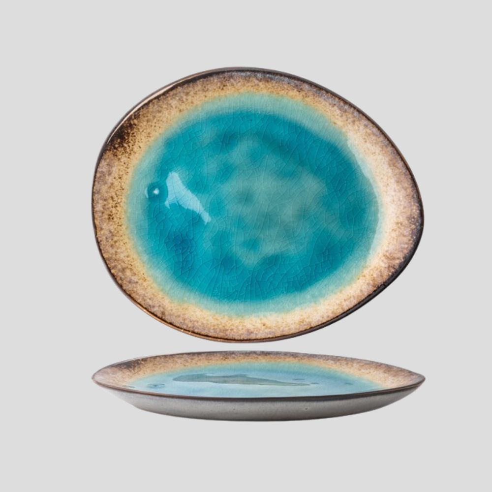 Oval handmade serving platter with modern blue glaze – Crafty-Clayworks