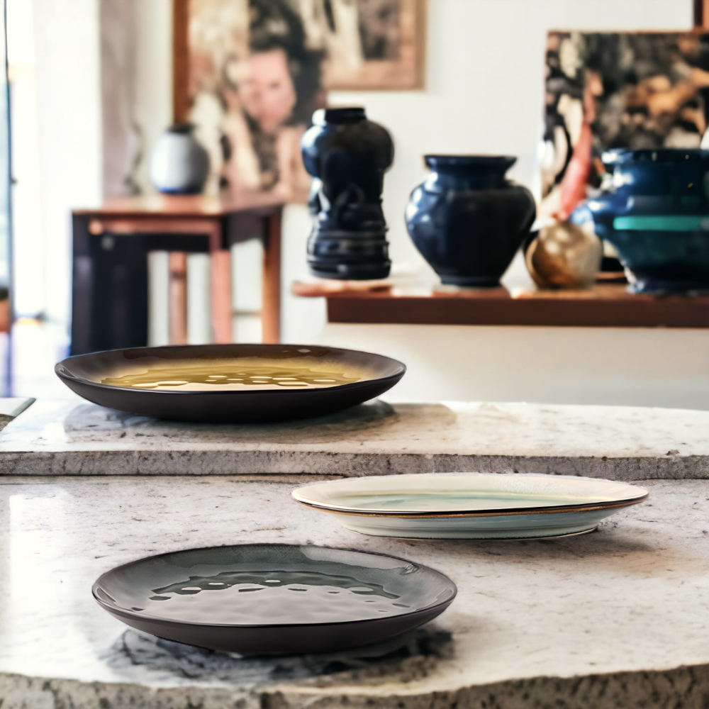 Modern handmade plate with artistic vibrant blue glaze – Crafty-Clayworks